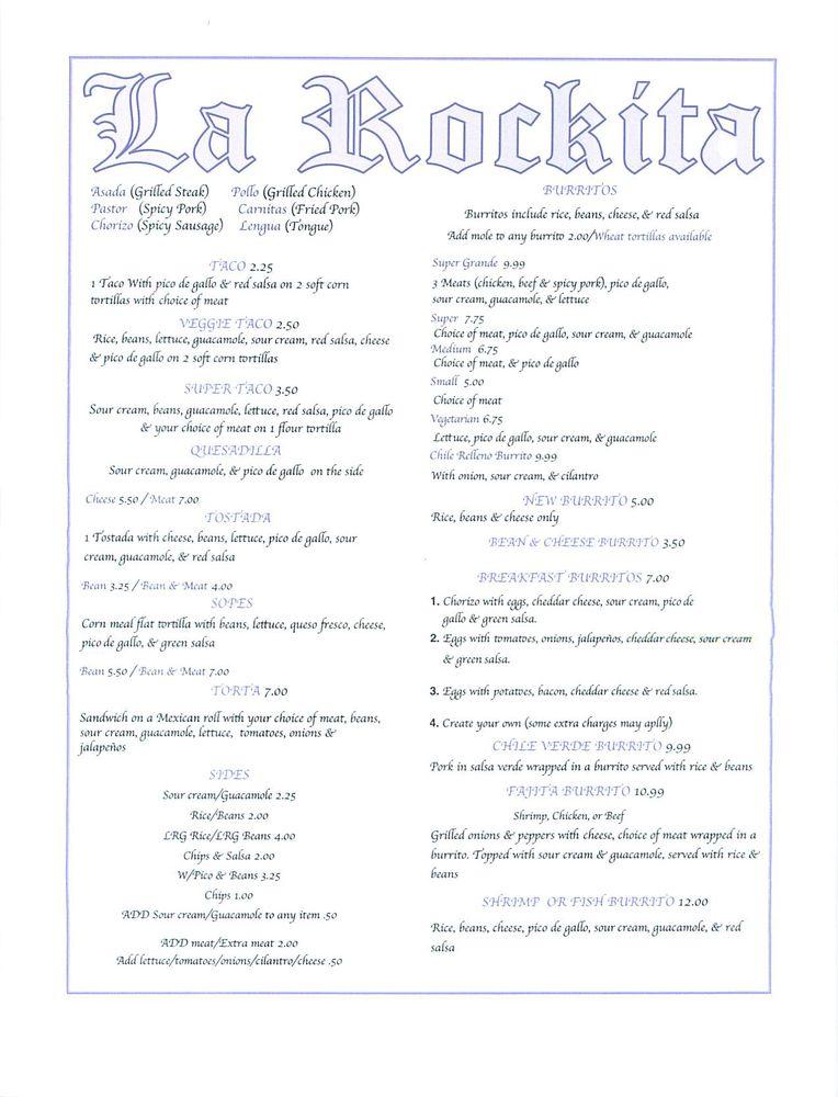 Menu at La Rockita Downtown restaurant, Corvallis, 370 SW Western Blvd ...