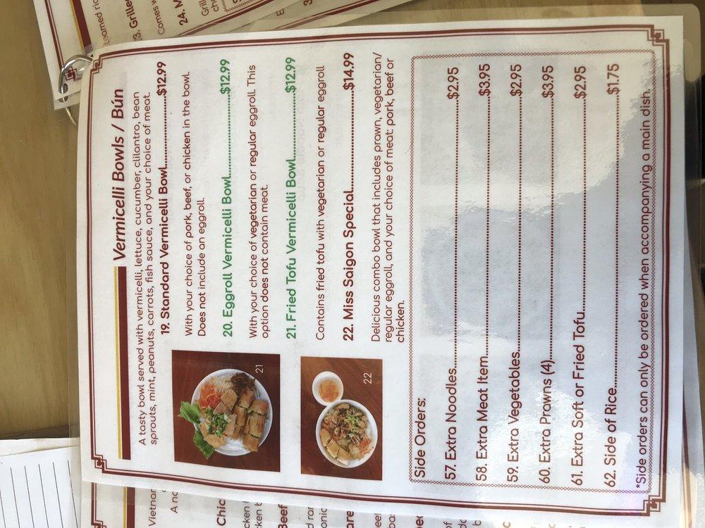 Menu at Miss Saigon restaurant, Ukiah