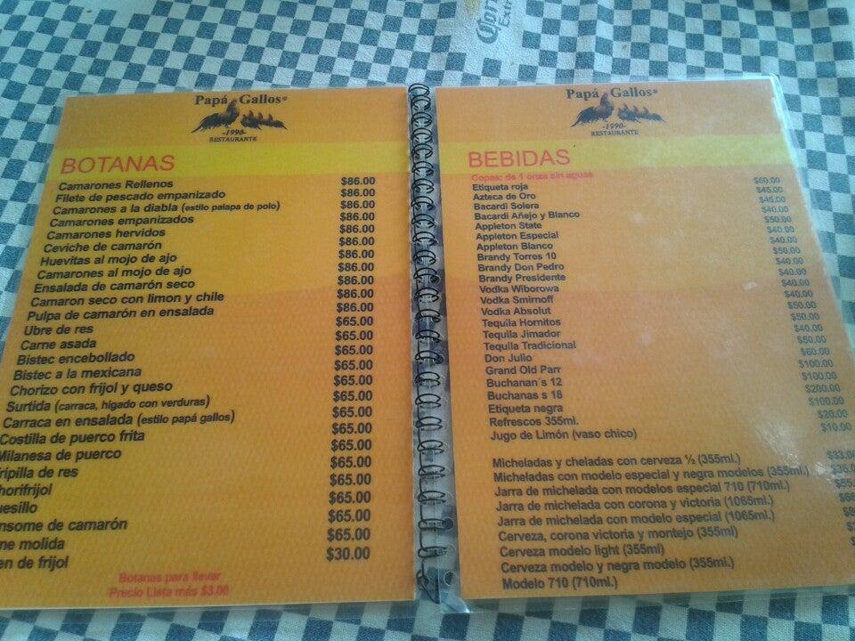 Carta de Restaurant Bar PapáGallos, Tuxtla Gutiérrez