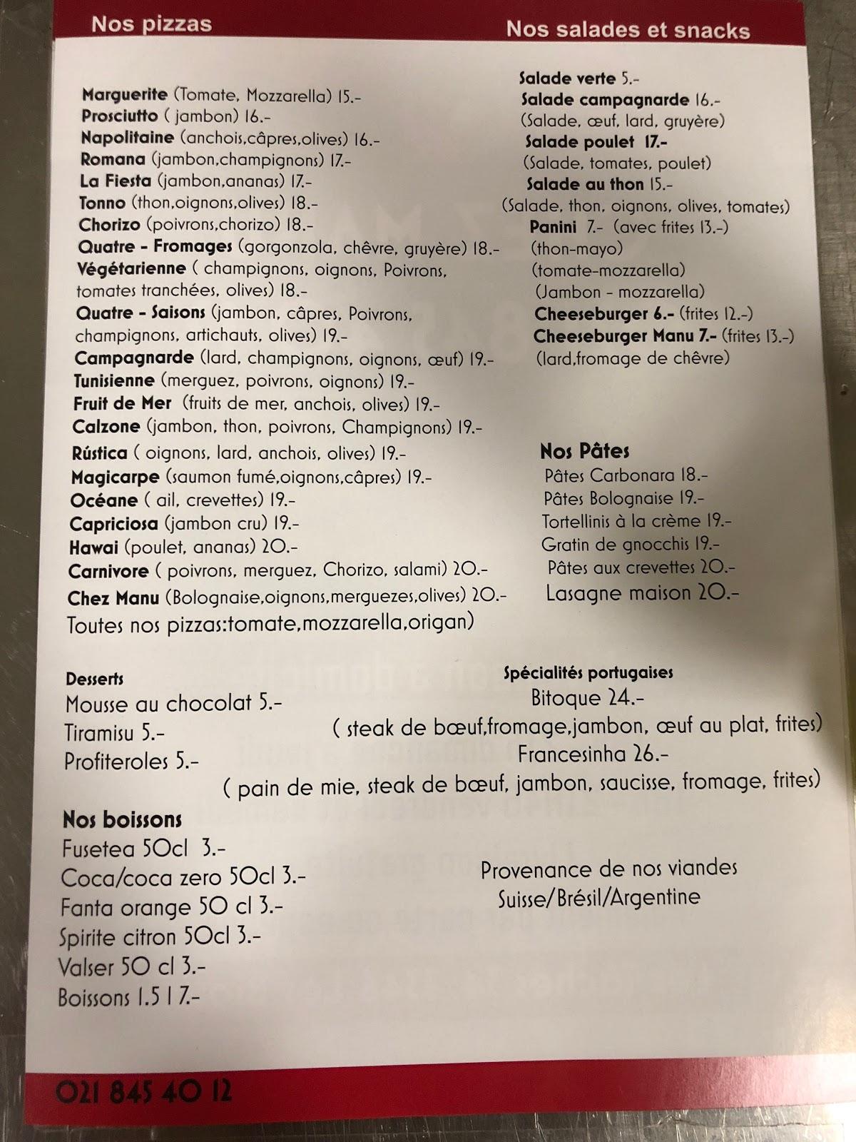 Menu au Chez manu pizzeria, L'Abbaye, Les Bioux