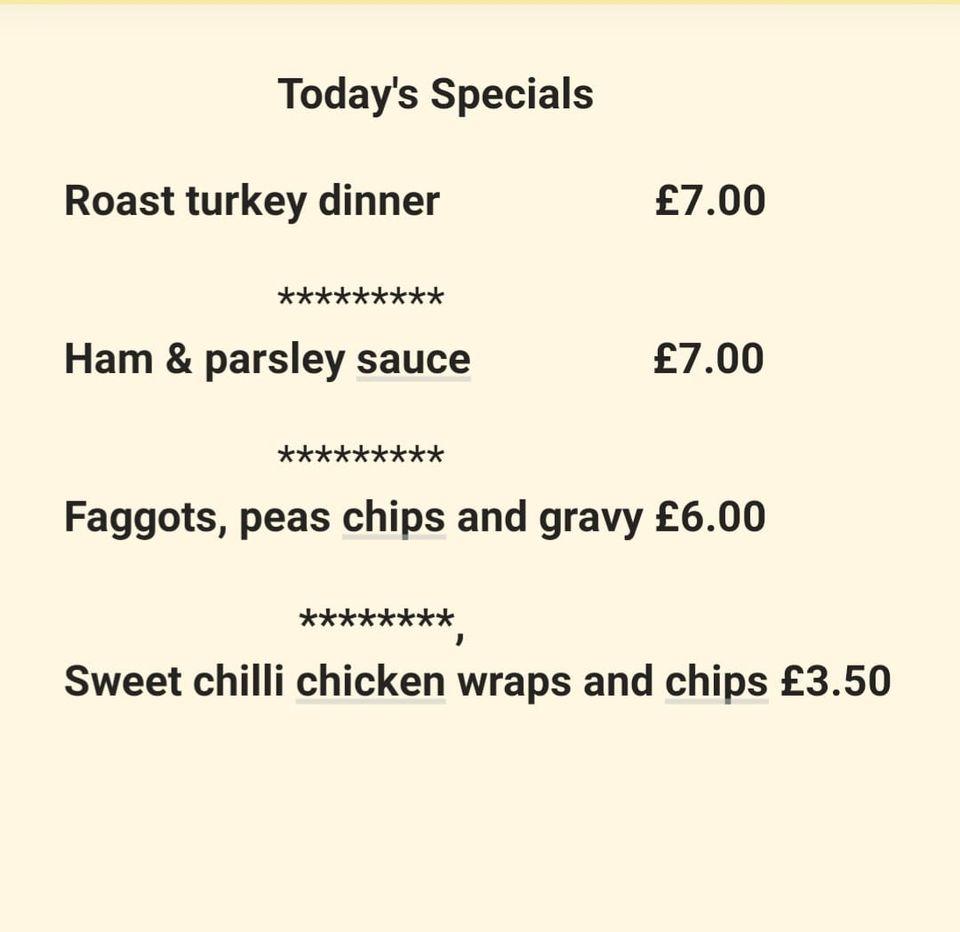 Menu at The Roadhouse Cafe, Clydach