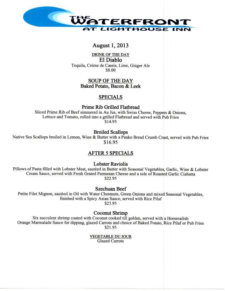 Menu at Waterfront Restaurant, Dennis