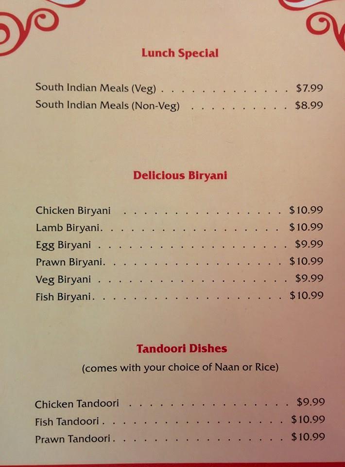 Menu at 7th taste (Ananda Bhavan) restaurant, Vancouver