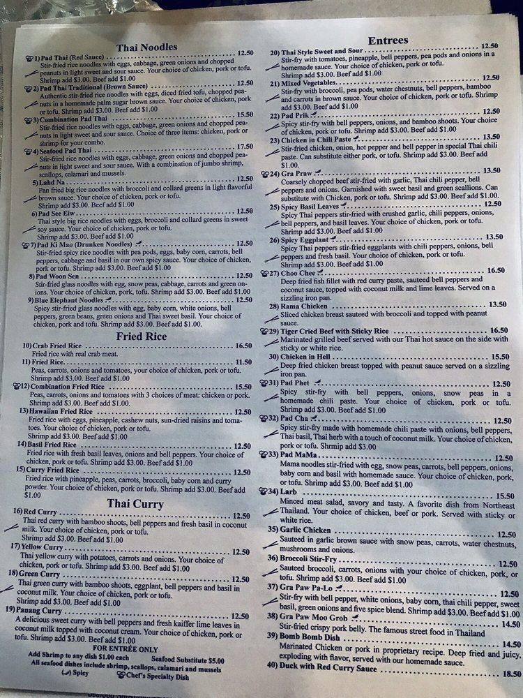 Menu at Blue Elephant Thai Restaurant, Coralville