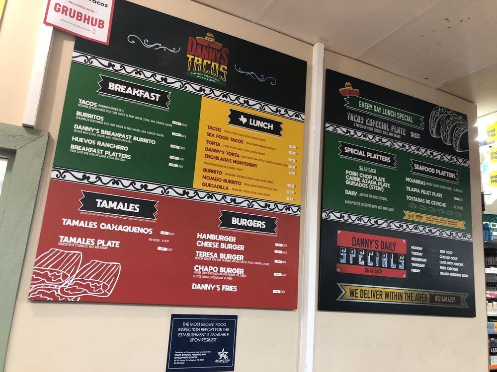 Menu at Danny's Tacos restaurant, Arlington
