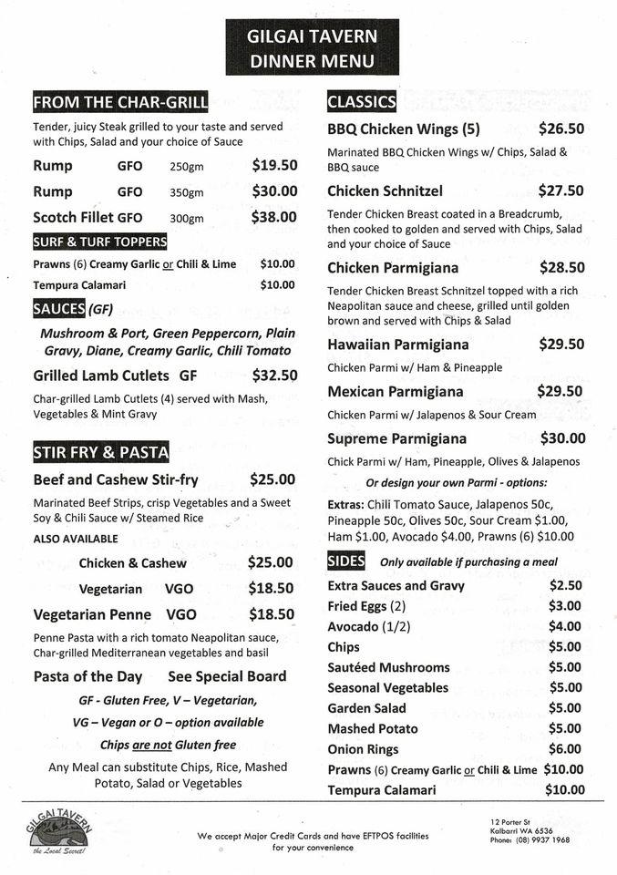 Menu at Gilgai Tavern pub & bar, Kalbarri