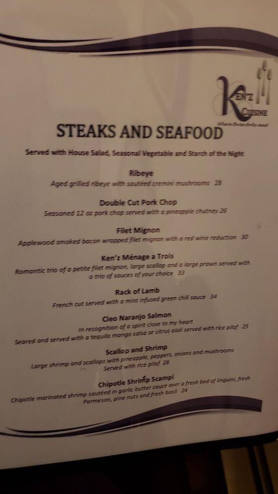 Menu at Ken'z Cuisine steakhouse, Española