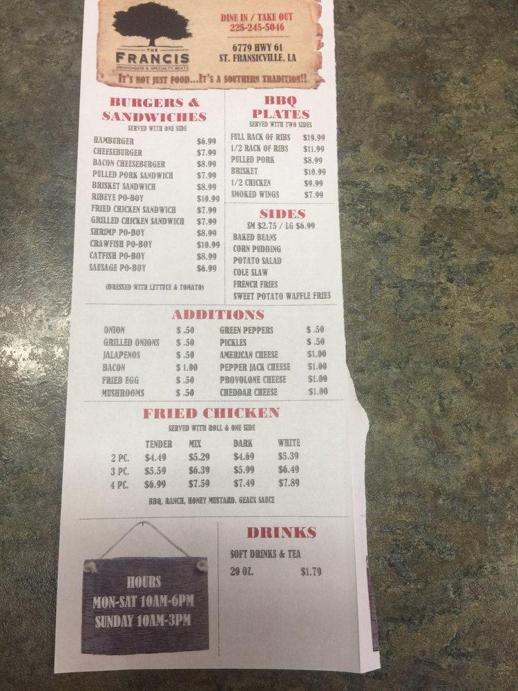 Menu at The Francis Smokehouse & Specialty Meats BBQ, Saint Francisville