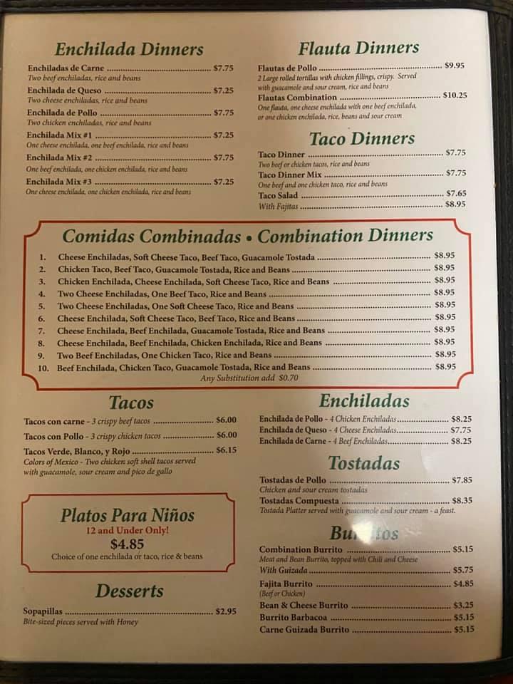 Menu at Chuy's Mexican Restaurant, Fort Worth, River Oaks Blvd