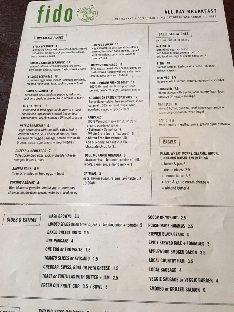 Menu at Fido cafe, Nashville