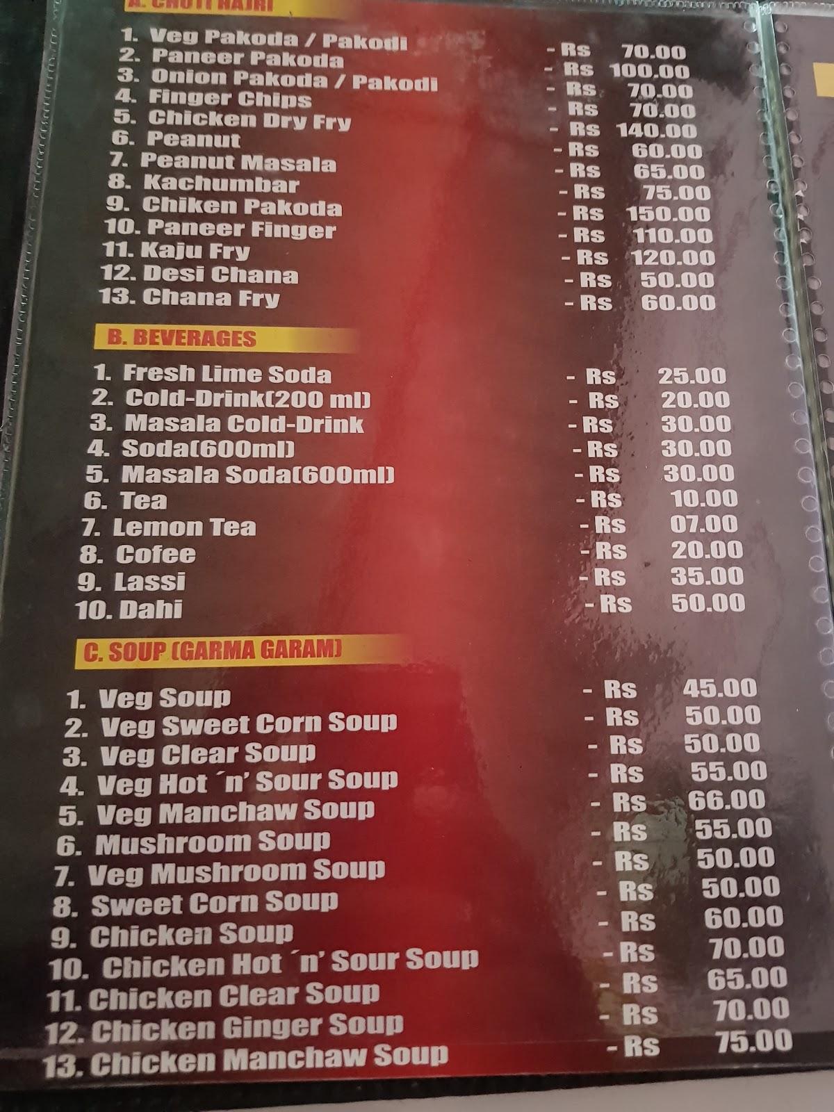 Menu at Hotel Roll Model, Ranchi
