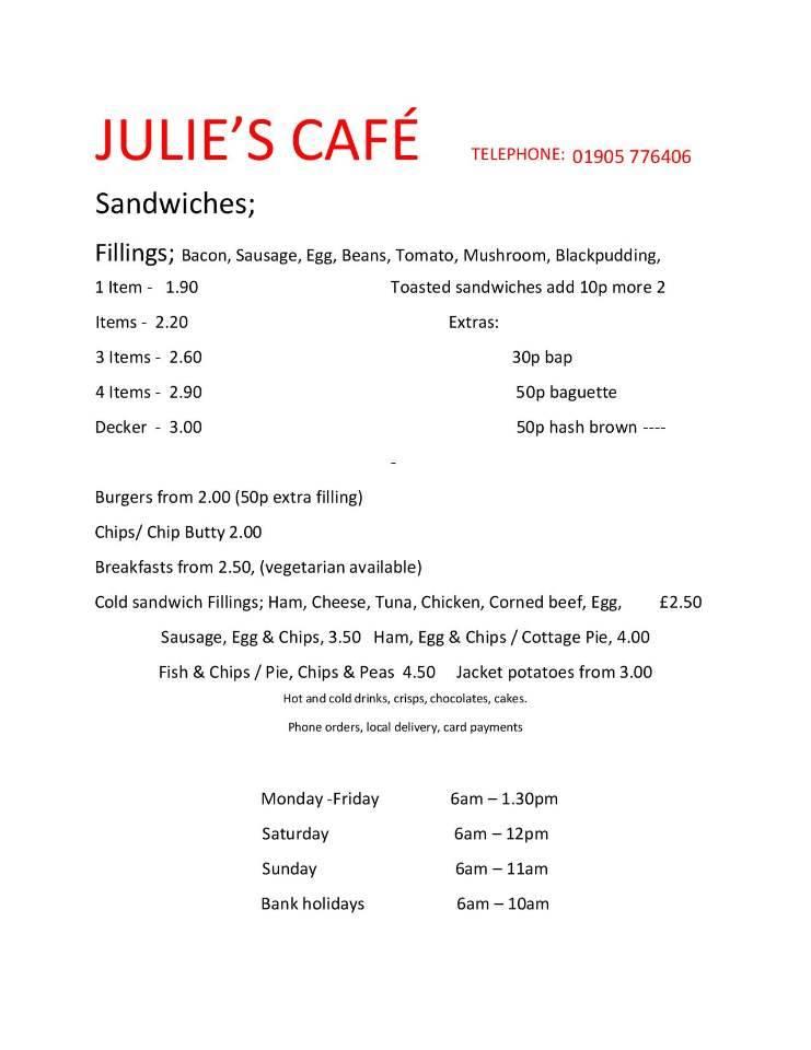 Menu at Julie's Café cafe, Droitwich Spa, 2 W Bank