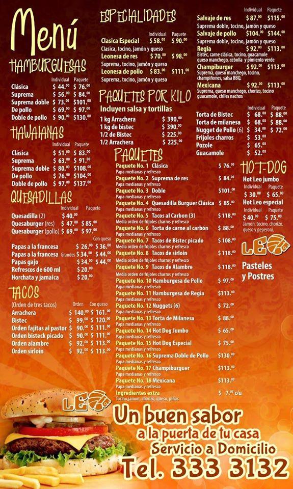 Menu at Leo restaurant, Paraíso