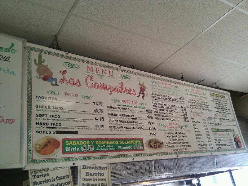 Menu at Los Compadres Taqueria restaurant, South San Francisco