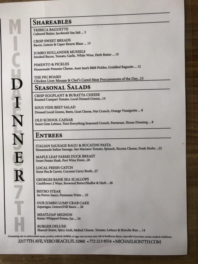 Menu at Michael's on 7th restaurant, Vero Beach
