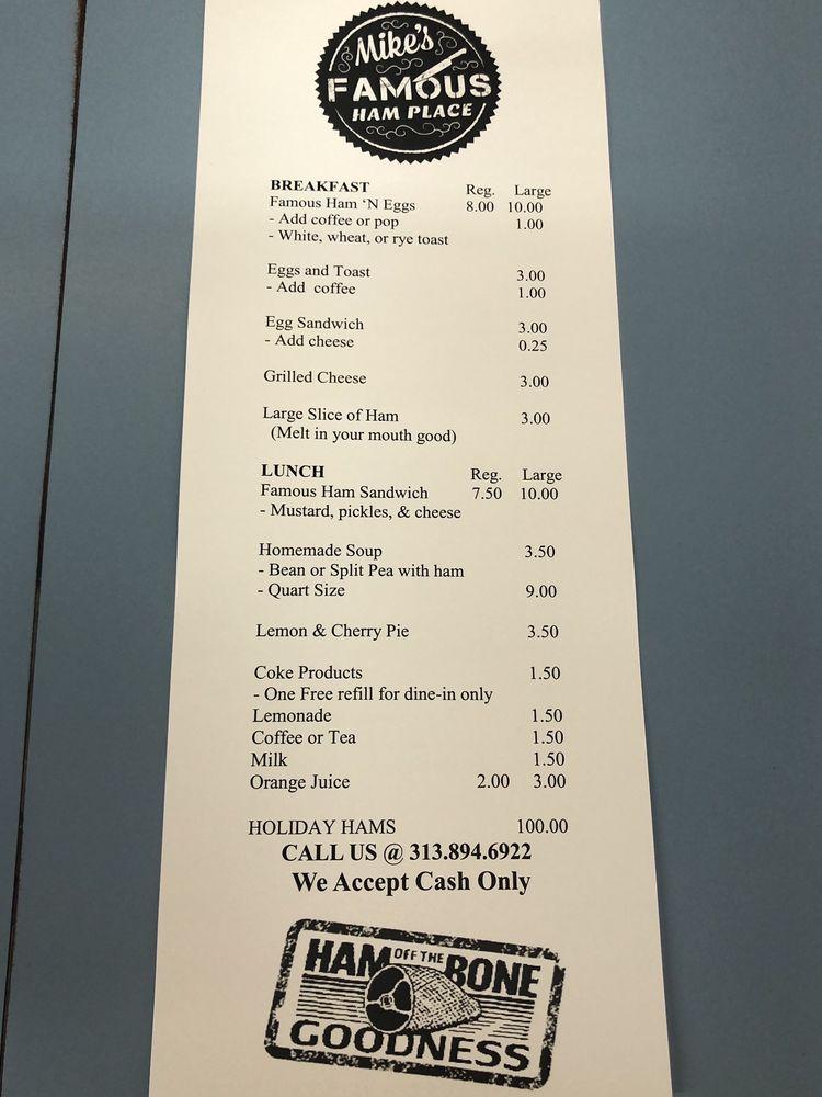 Menu at Mike's Famous Ham Place restaurant, Detroit