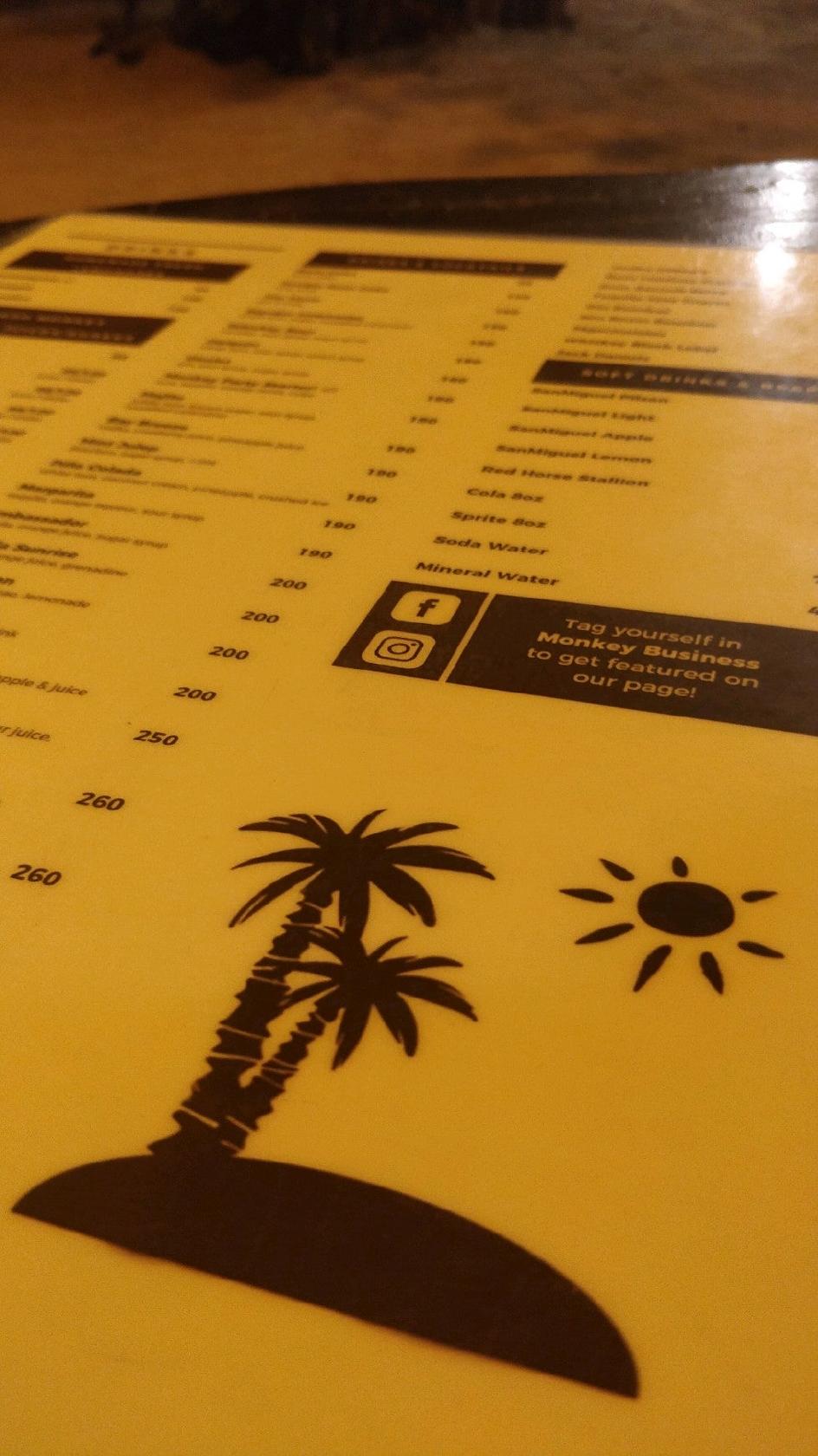 Menu at Monkey Business restaurant, San Juan