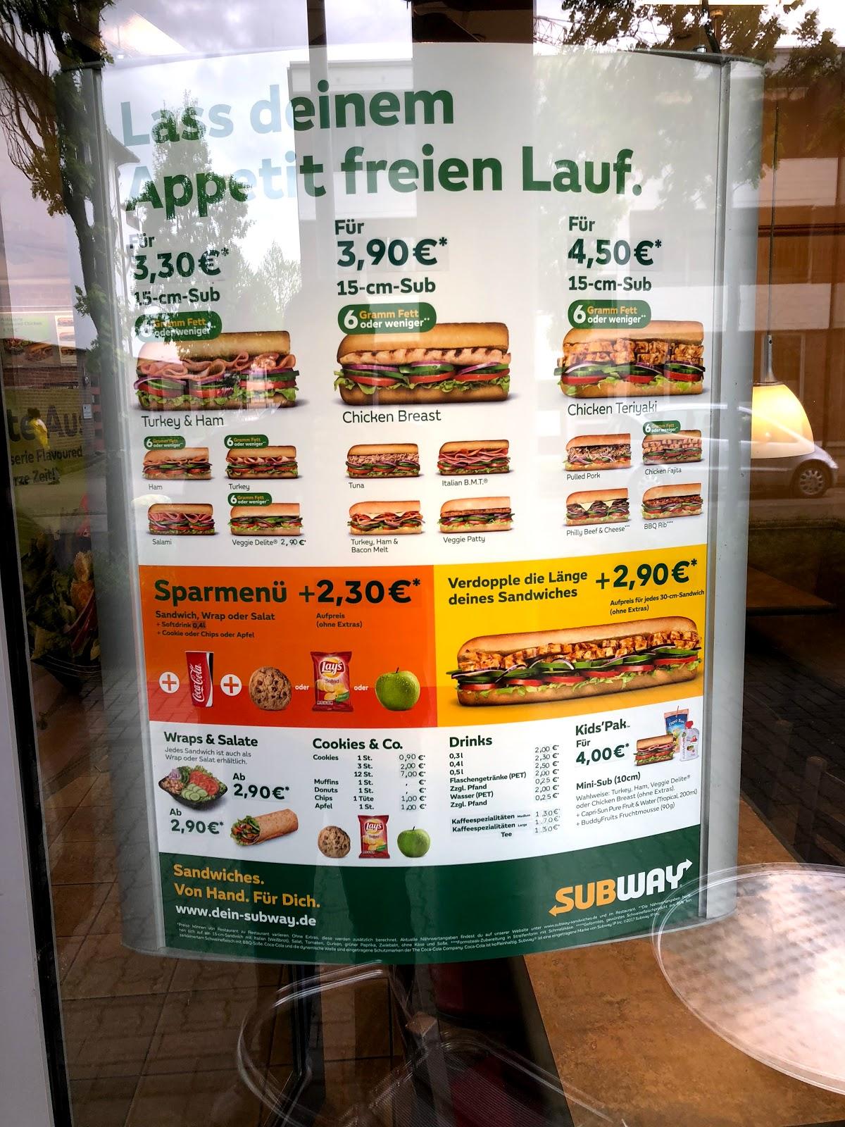 Menu at Subway fast food, Kleve