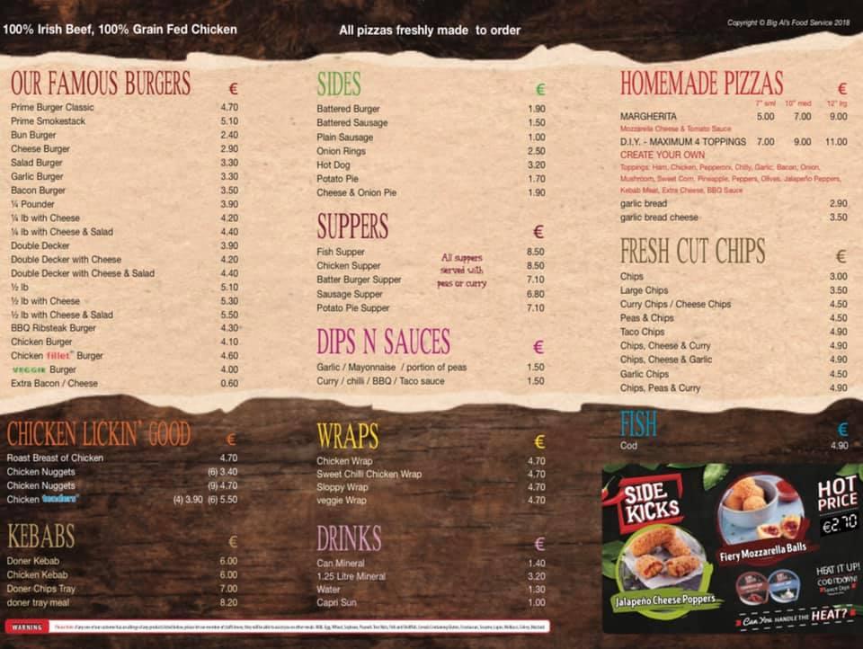 Menu at Tower Bar, Ballincollig