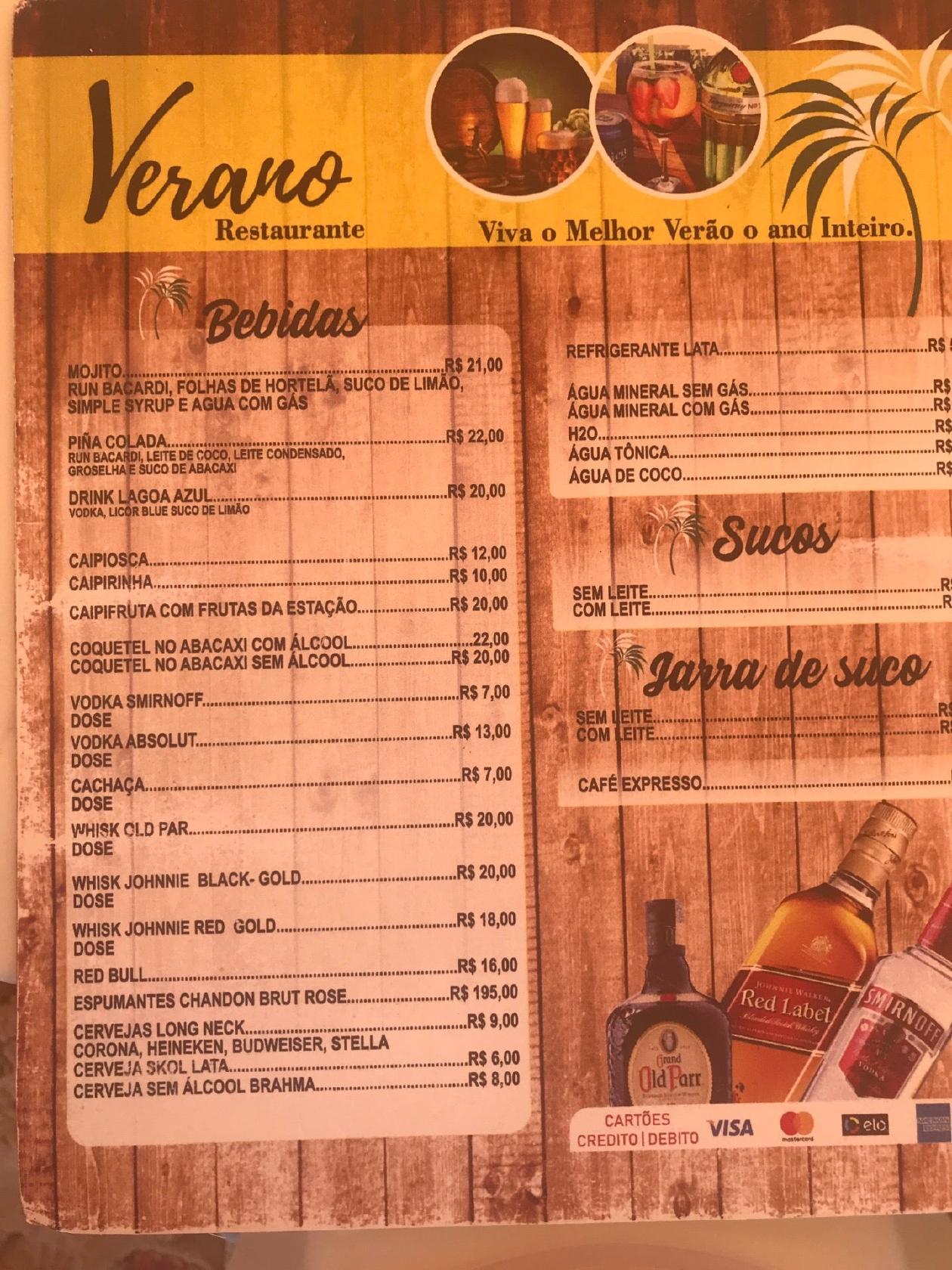 Menu em Verano Restaurante - Gunga, Brasil
