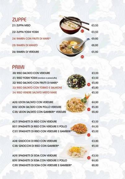 Menu at Yoshi Yoshi restaurant, Macerata