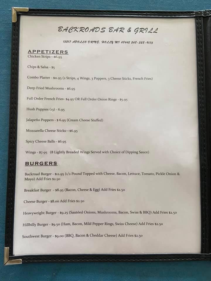 Menu at Backroads Bar And Grill, Holly