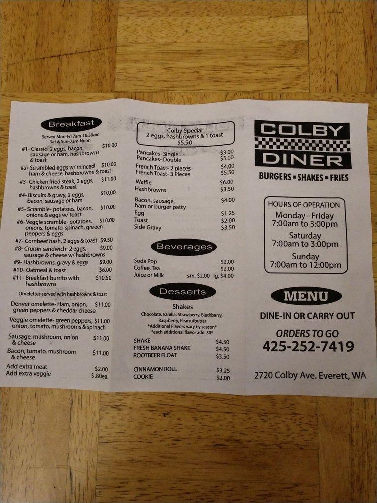 Menu at Colby Diner restaurant, Everett