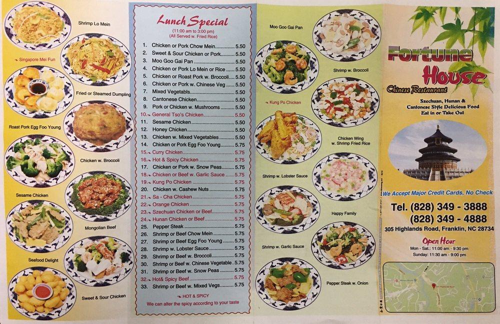 Menu at Fortune House restaurant, Franklin