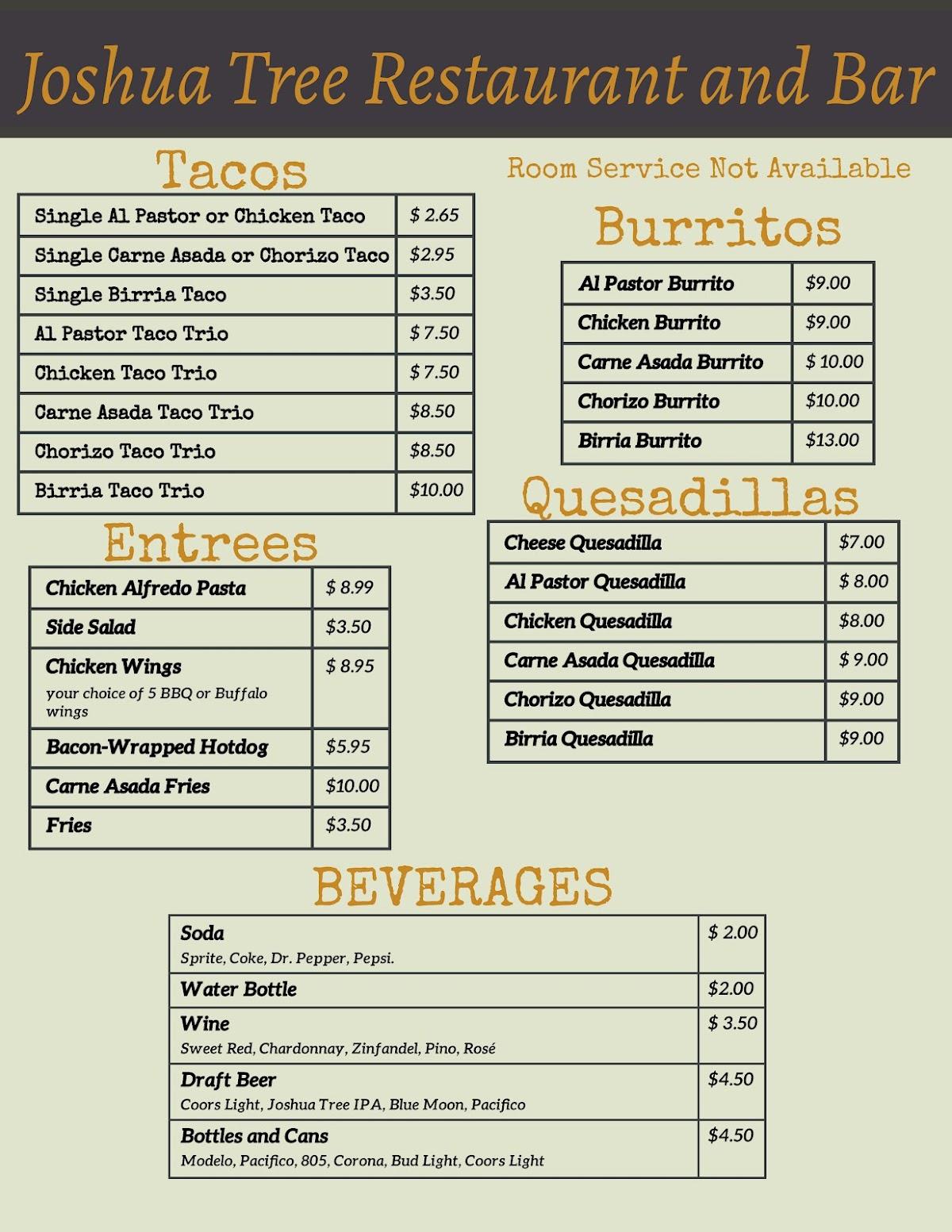 Menu at Joshua Tree Restaurant & Bar(Inside Oasis Inn & Suites ...