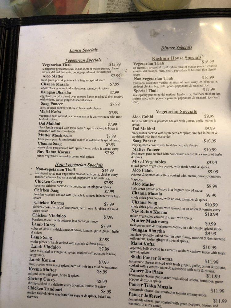 Menu at Kashmir Indian Restaurant, Louisville, Bardstown Rd