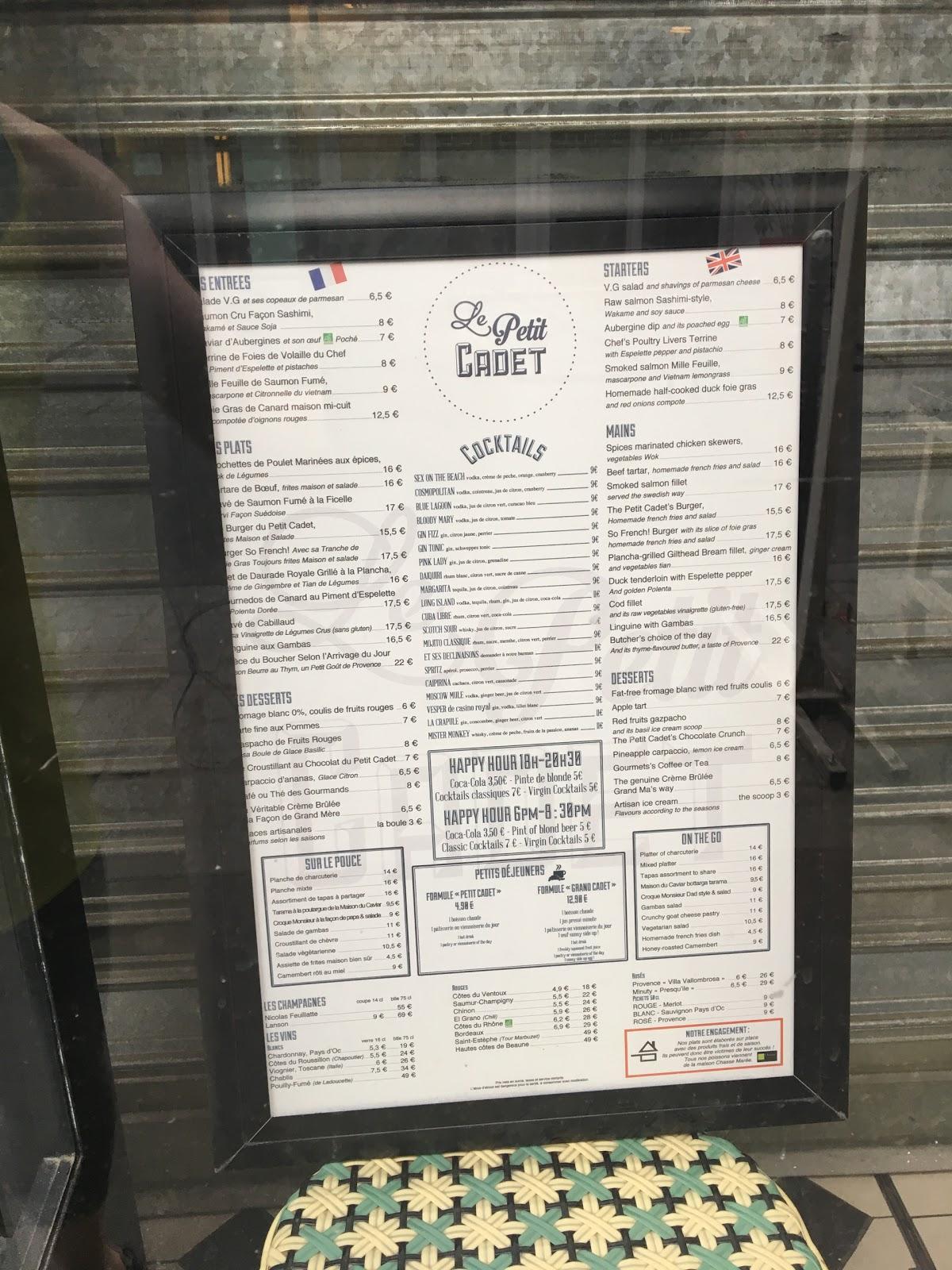 Menu at Le Petit Cadet restaurant, Paris
