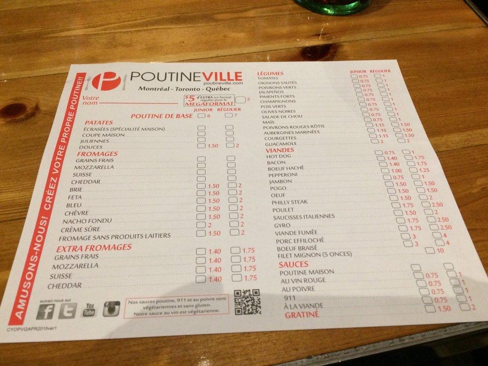Menu at Poutineville restaurant, Québec City