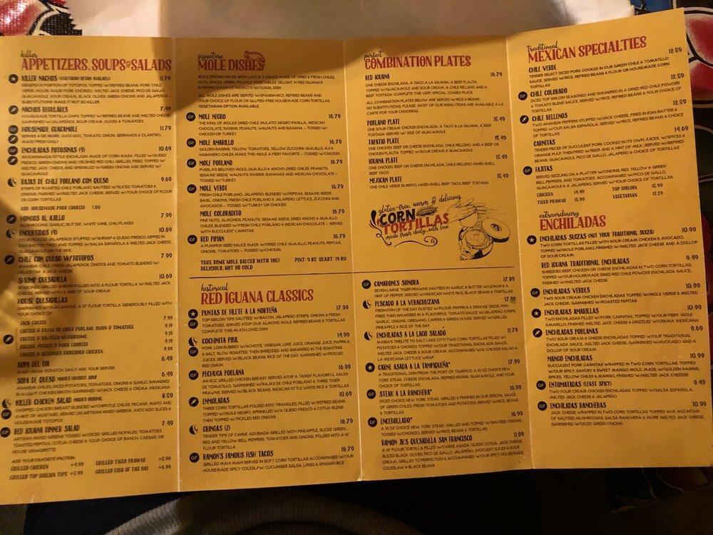 Menu at Red Iguana restaurant, Salt Lake City, 736 W North Temple St