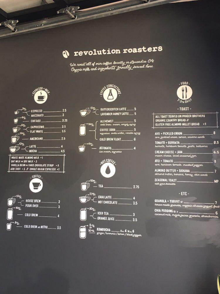 Menu at Revolution Roasters cafe, Oceanside