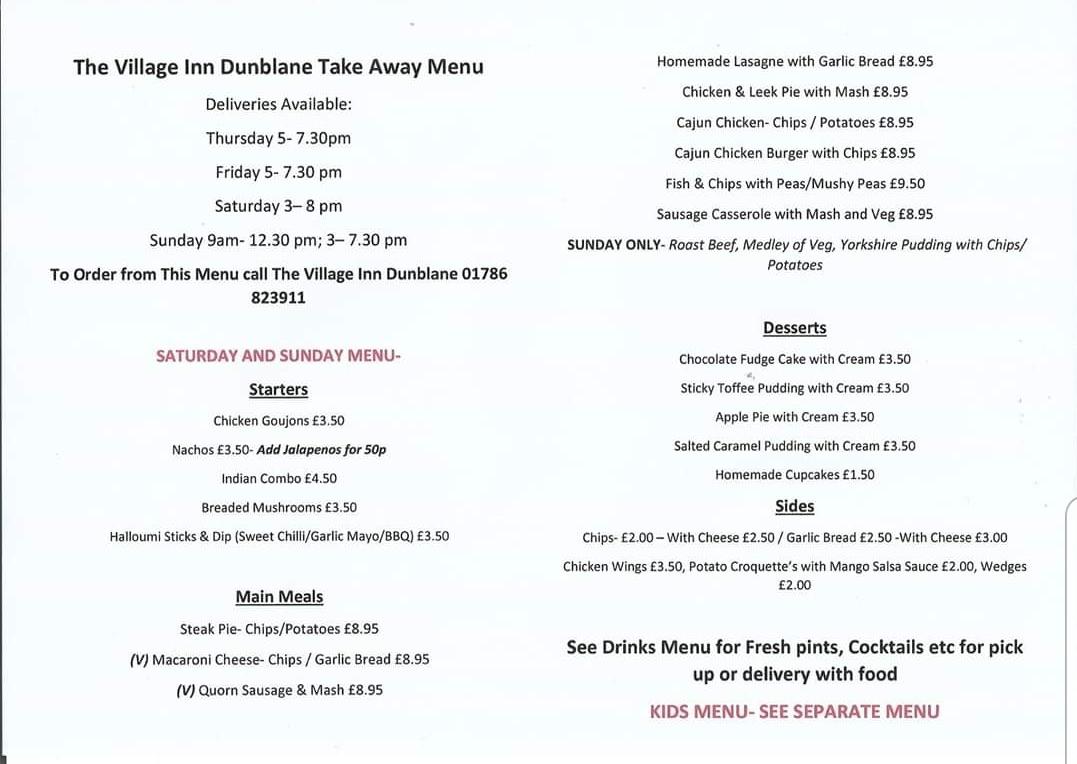 Menu at The Village Inn & Caterers and Ale House pub & bar, Dunblane