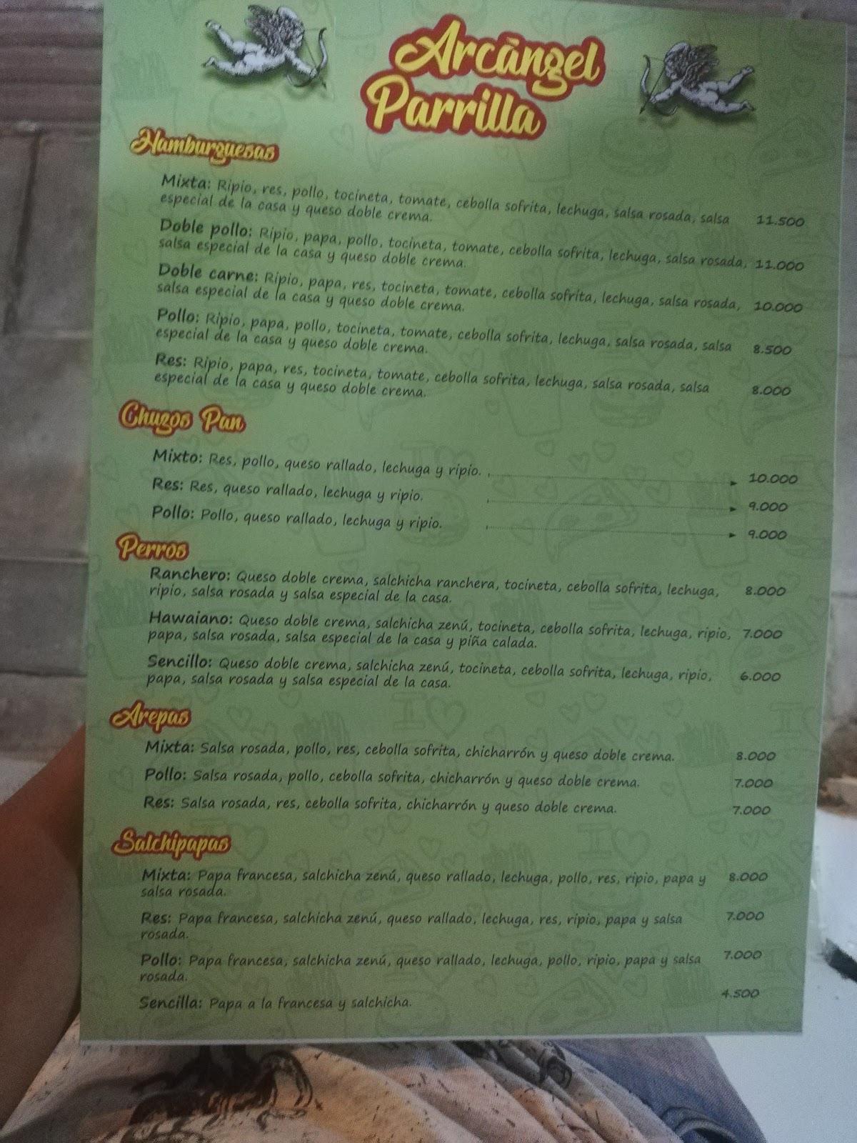 Menu at Arcángel parrilla, Popayán