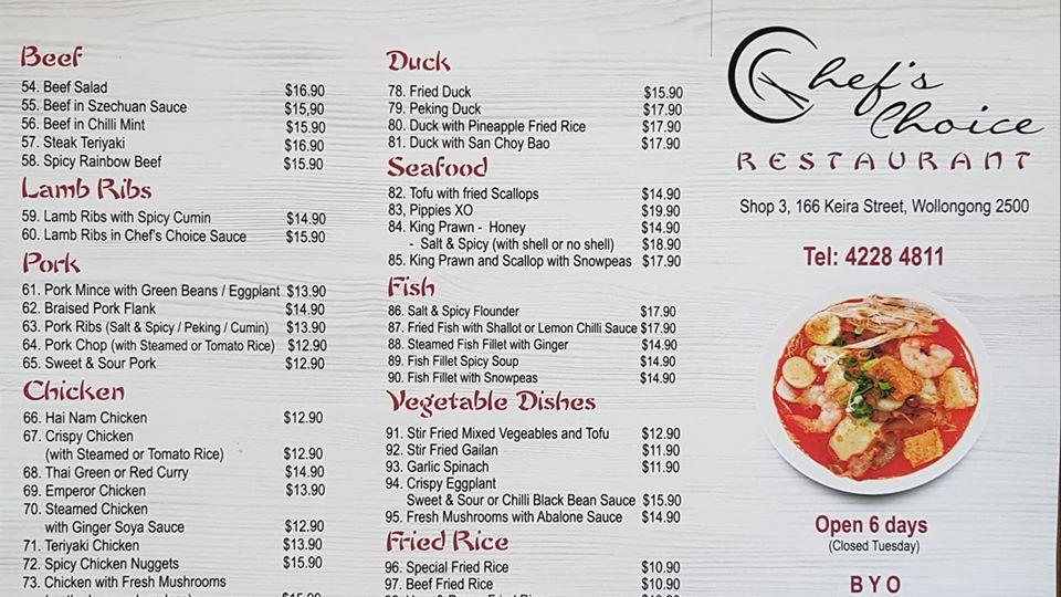 Menu at Chef's Choice restaurant, Wollongong