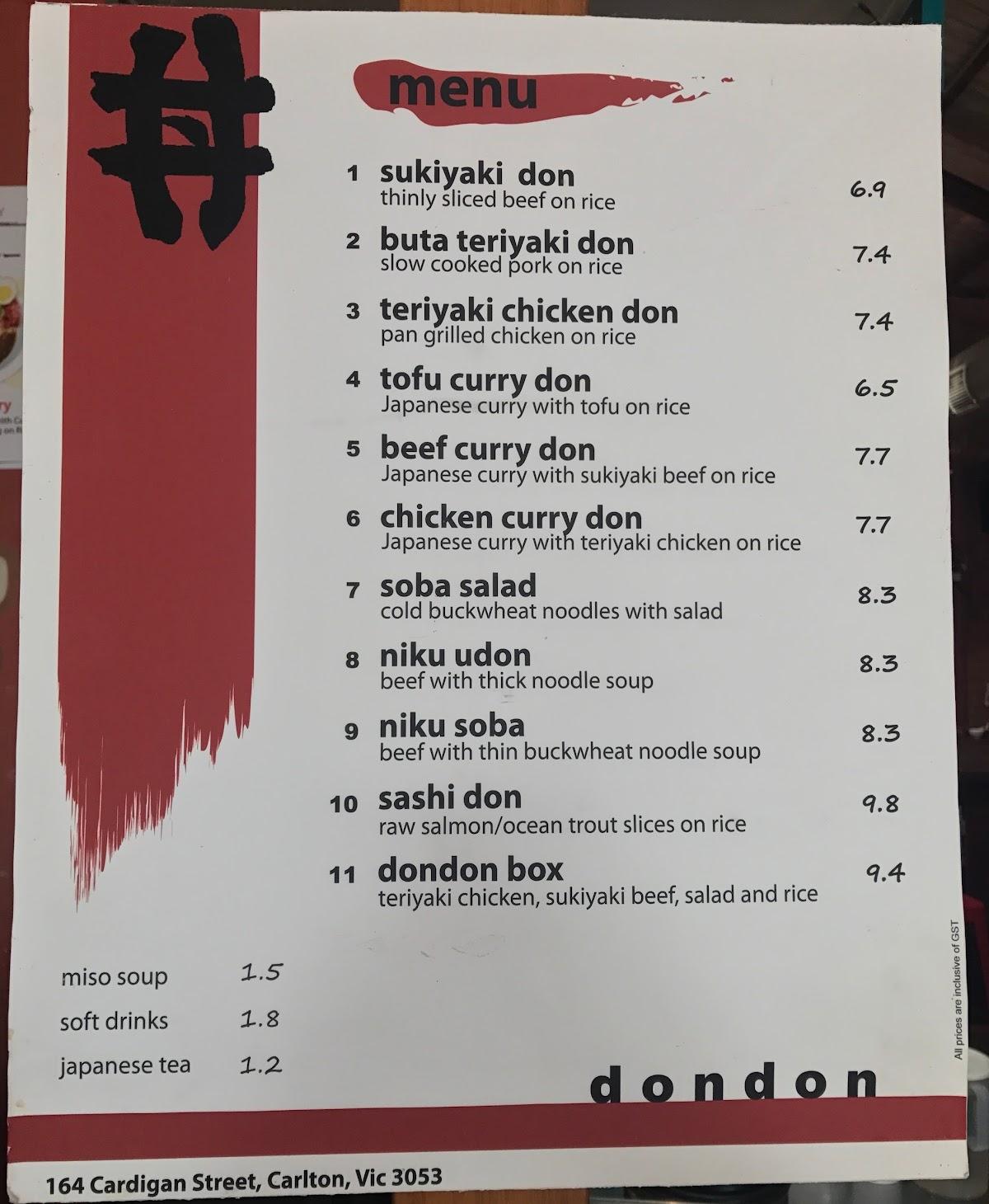 Menu at Don Tojo restaurant, Melbourne, 164 Cardigan St