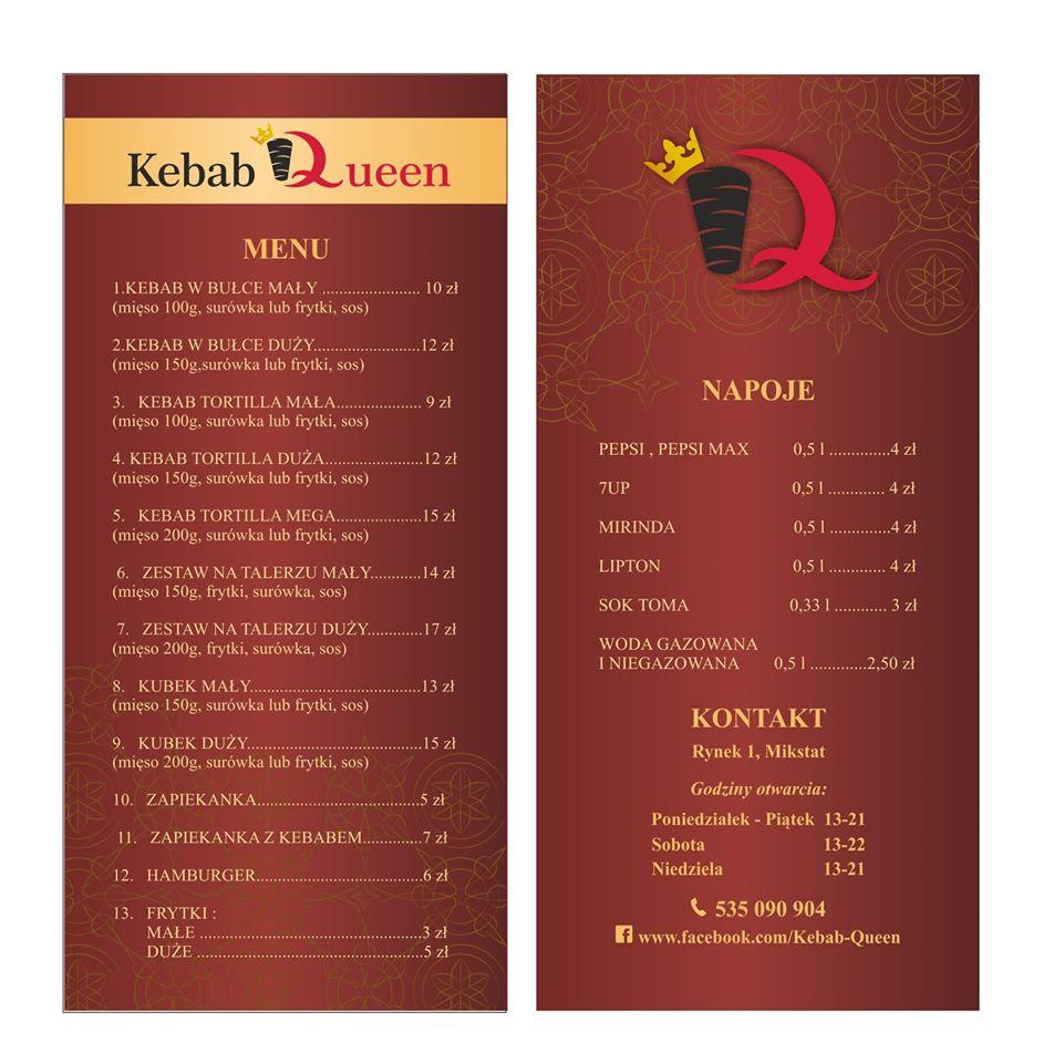 Menu at Kebab Queen restaurant, Mikstat