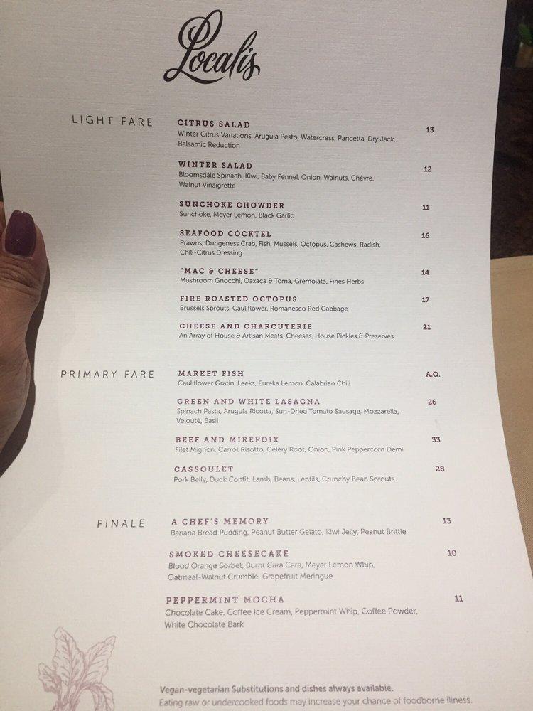 Menu at Localis restaurant, Sacramento