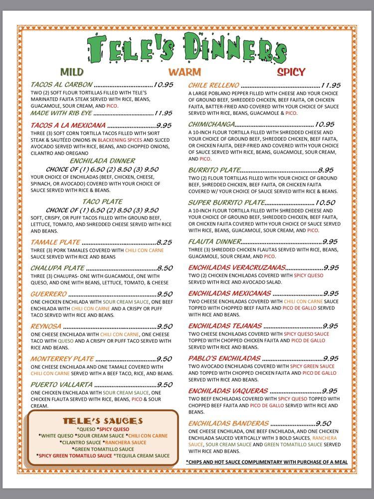 Menu at Tele's Gladewater restaurant, Gladewater