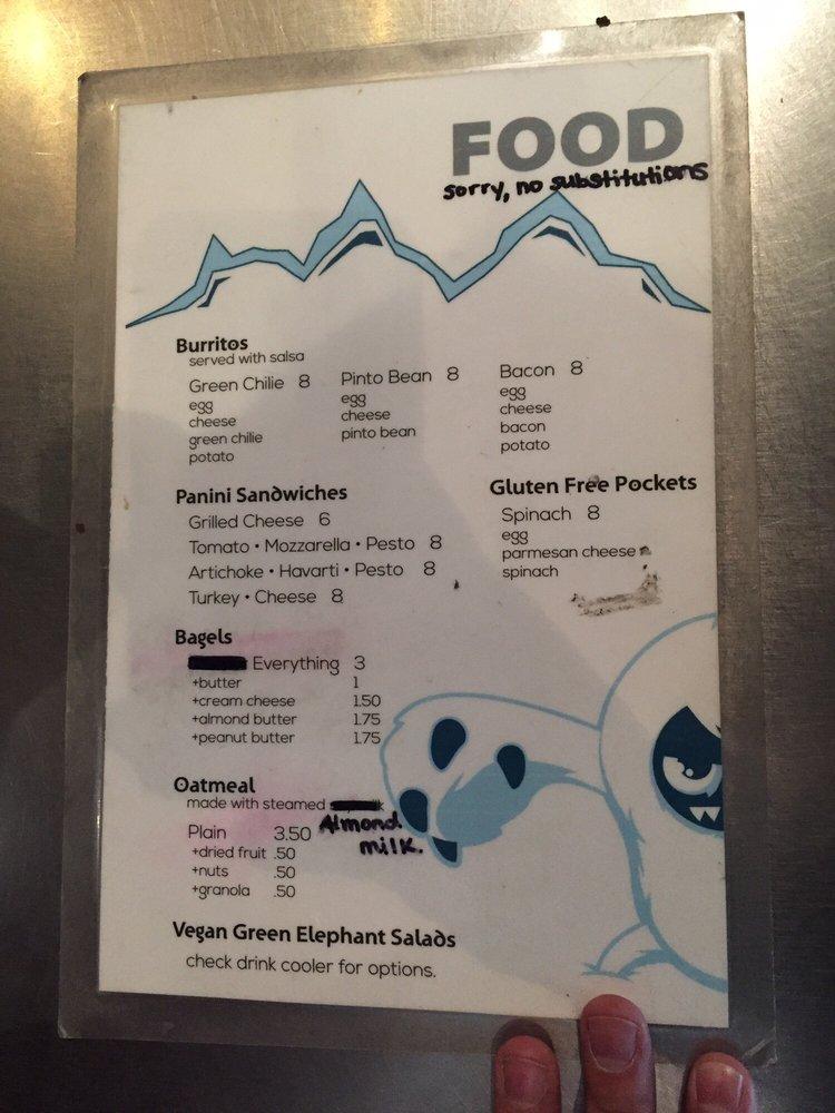 Menu at Yeti's Grind cafe, Vail