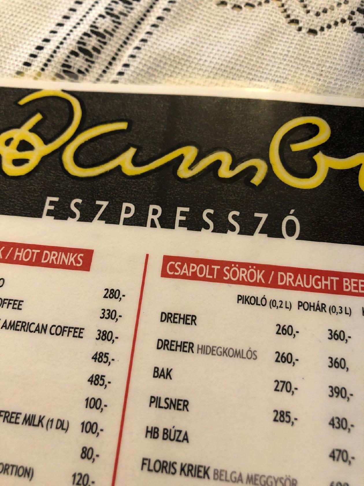 Menu at Bambi Café cafe, Budapest