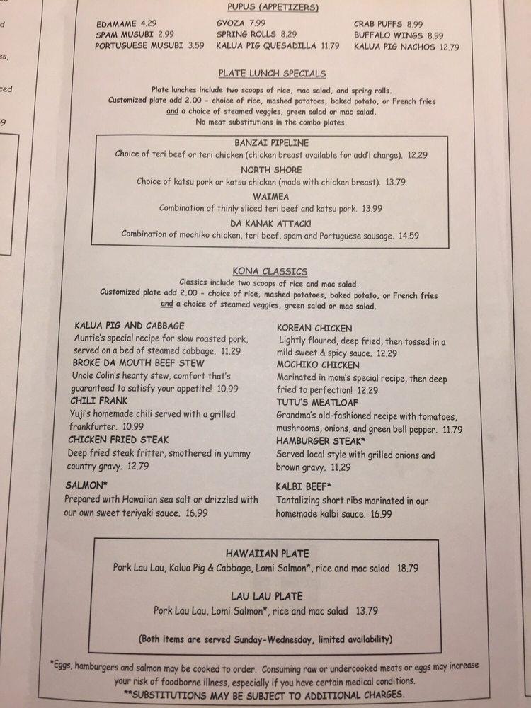 Menu at Kona Kitchen - Lynnwood restaurant, Lynnwood