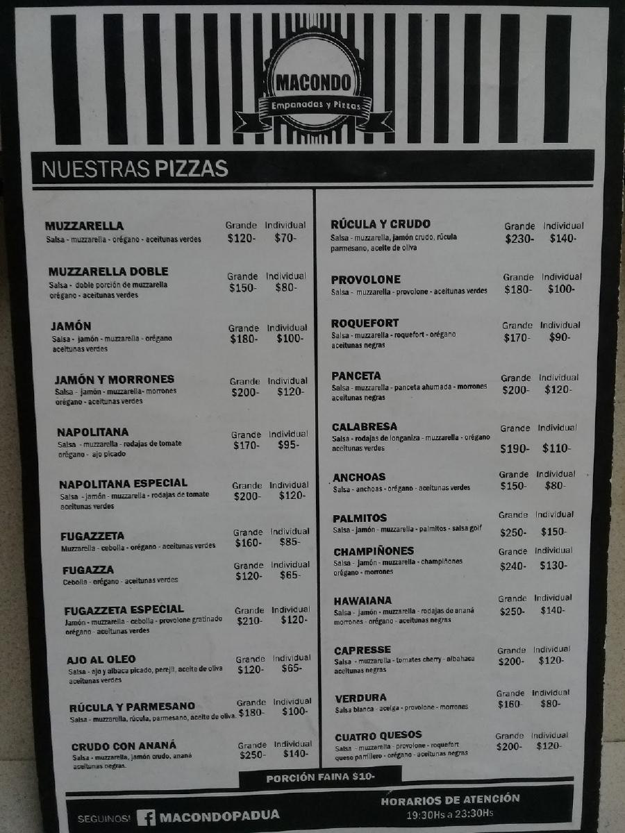 Menu at Macondo Padua restaurant, San Antonio de Padua