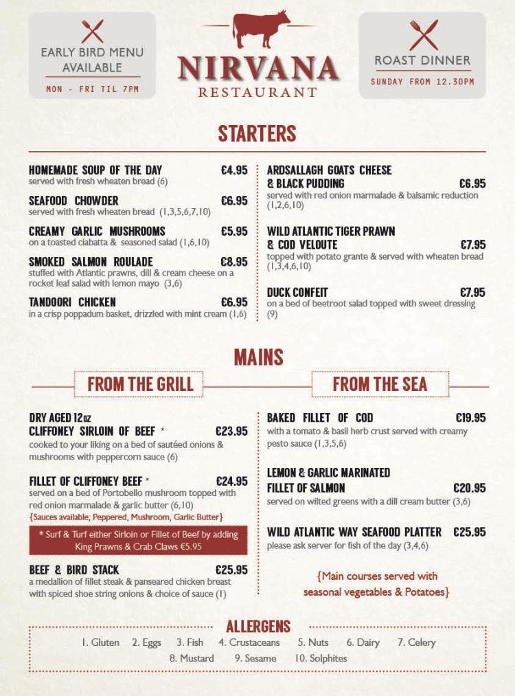 Menu at Nirvana Restaurant, Ballyshannon