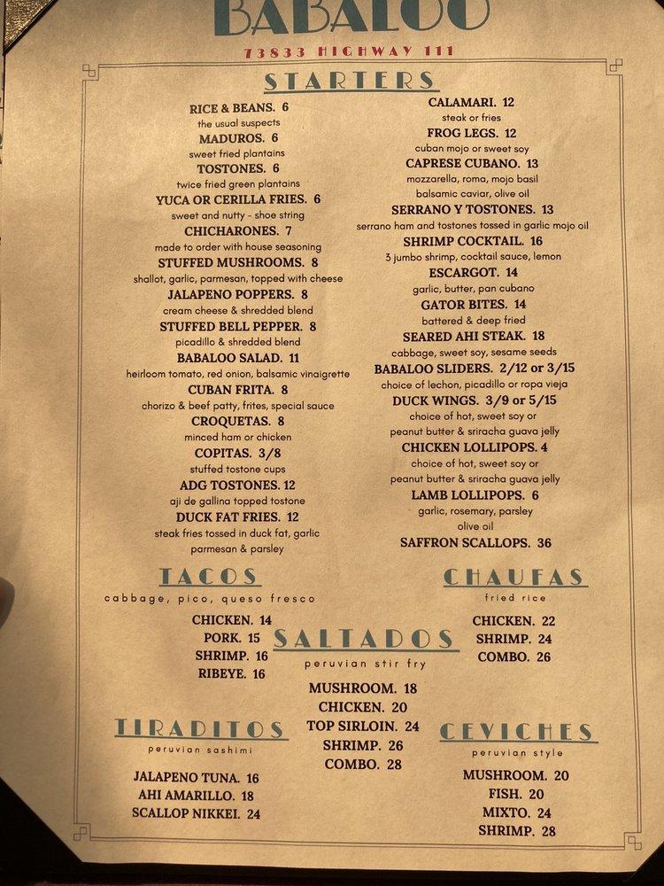 Menu at BaBaLoo Lounge restaurant, Palm Desert