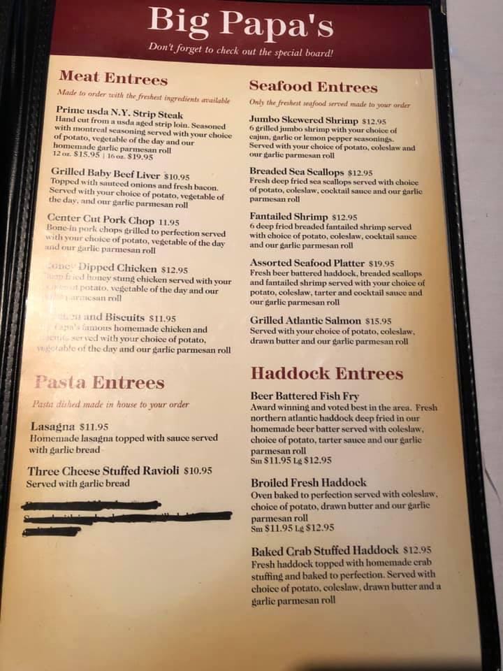 Menu at Big Papa's restaurant, Canisteo
