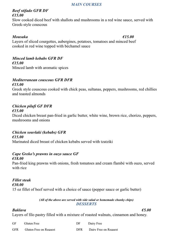 Menu at Cape Greko Greek & Cypriot restaurant, Malahide