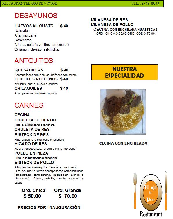 Menu at El OJO De Vidrio restaurant, El Limón